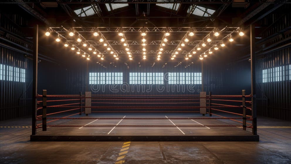 An Empty Boxing Ring in a Warehouse with Lights Above Stock Image ...