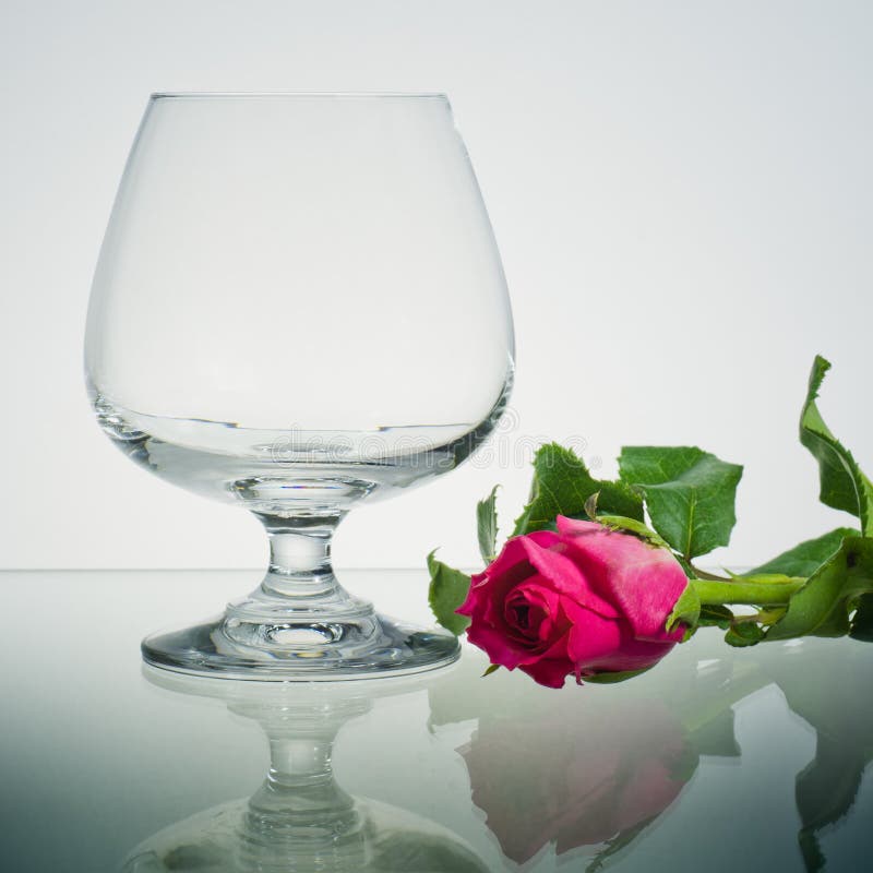 Empty Brandy Glass and Pink Rose on Glass Stock Image - Image of whisky ...