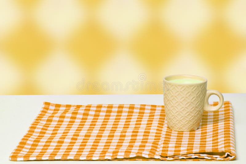 Empty Breakfast Table. Close-up of a Yellow Ceramic Mug with Milk on ...