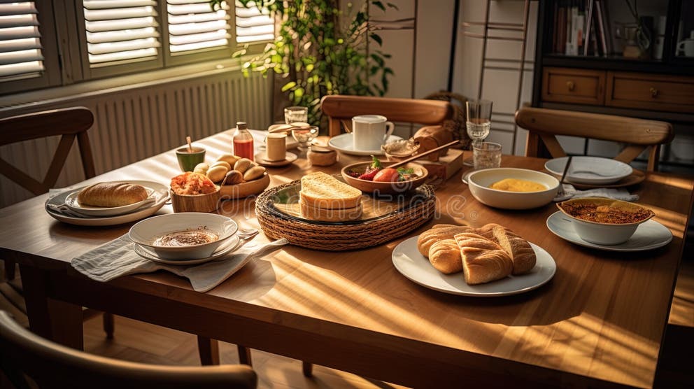 An Empty Breakfast Table with Neatly Folded Dishes Stock Illustration ...