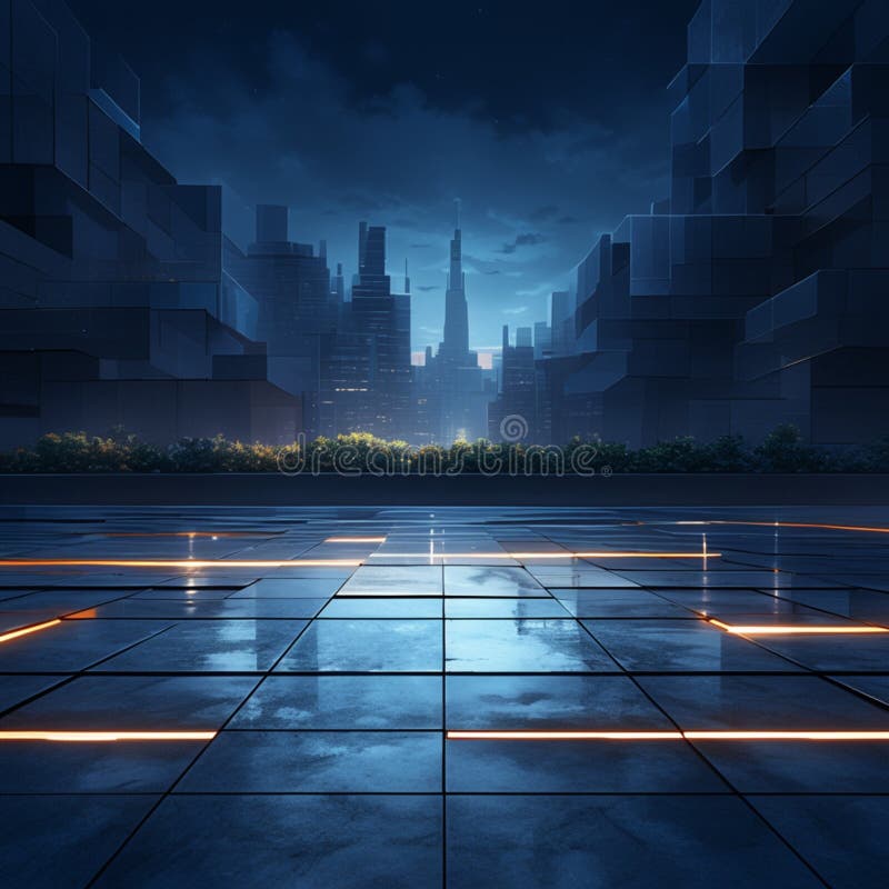 Empty Brick Floor, Modern Building in Tranquil Night Backdrop Stock ...