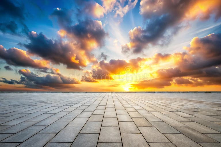 Empty Brick Floor with Sunset Clouds Background Stock Illustration ...