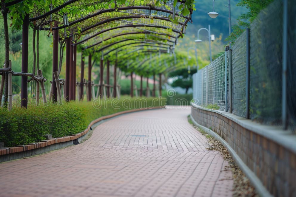 Empty Brick Pathway Curving, with Defocused Background Trellises Stock ...