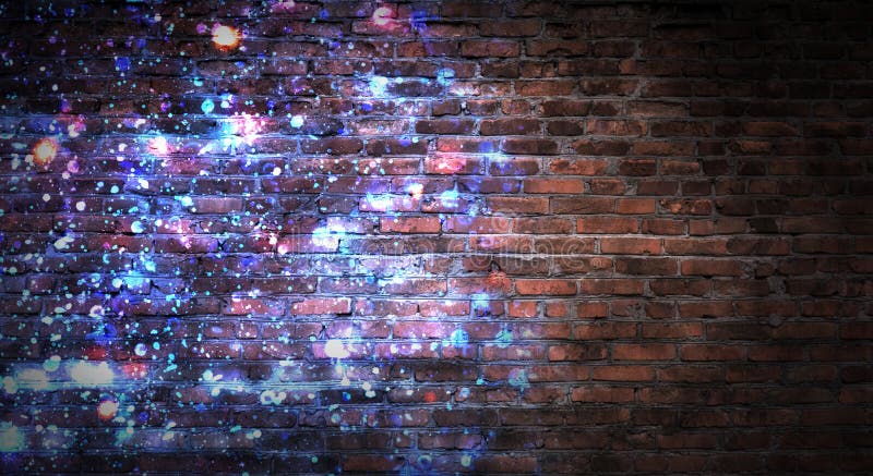 Empty Brick Wall Background, Night View, Neon Light, Rays. Stock Image ...