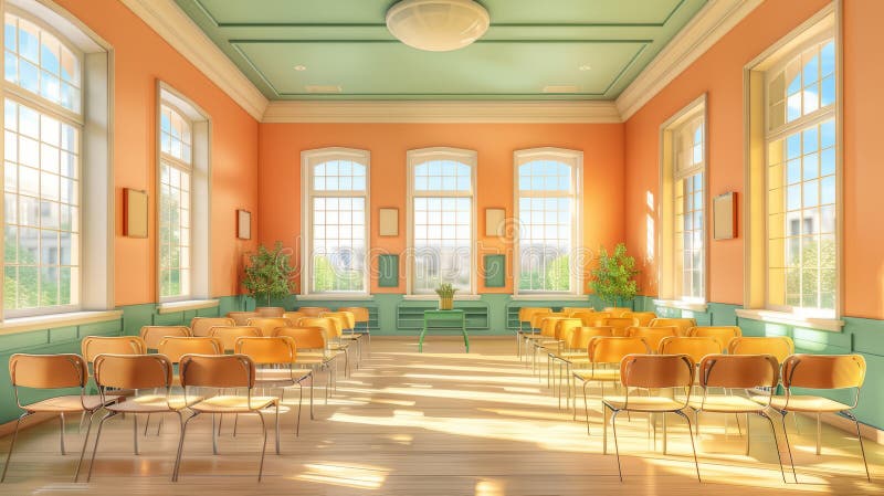 Empty Bright Classroom with Large Windows, Ideal for Educational and ...