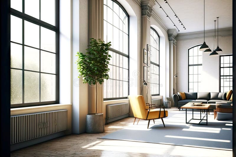 Empty Bright Office with High Ceilings and Large Windows with ...