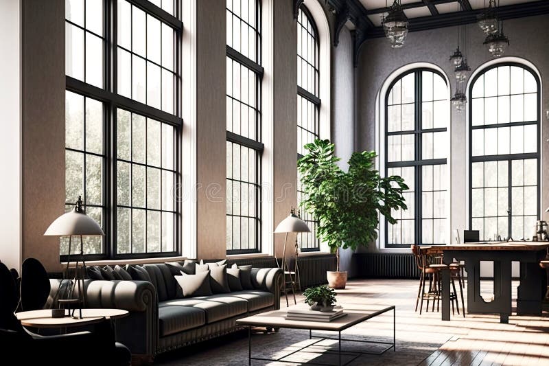 Empty Bright Office with High Ceilings and Large Windows with ...