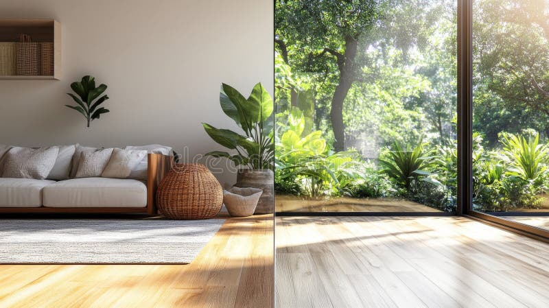 An Empty, Bright Room with Large Windows and Wood Floors Stock Photo ...