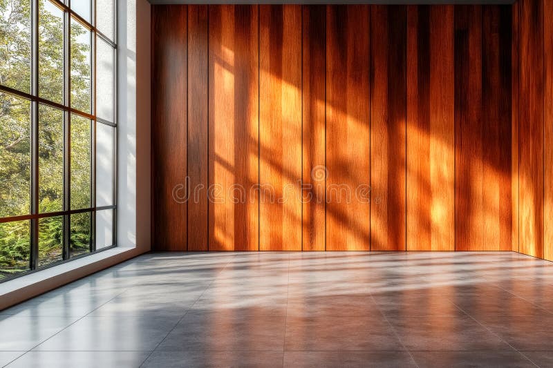 Empty Bright Wooden Room Interior with Large Windows Showing Natural ...