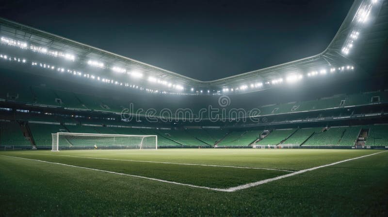 An Empty, Brightly Lit Soccer Stadium Viewed from the Corner Flag Stock ...