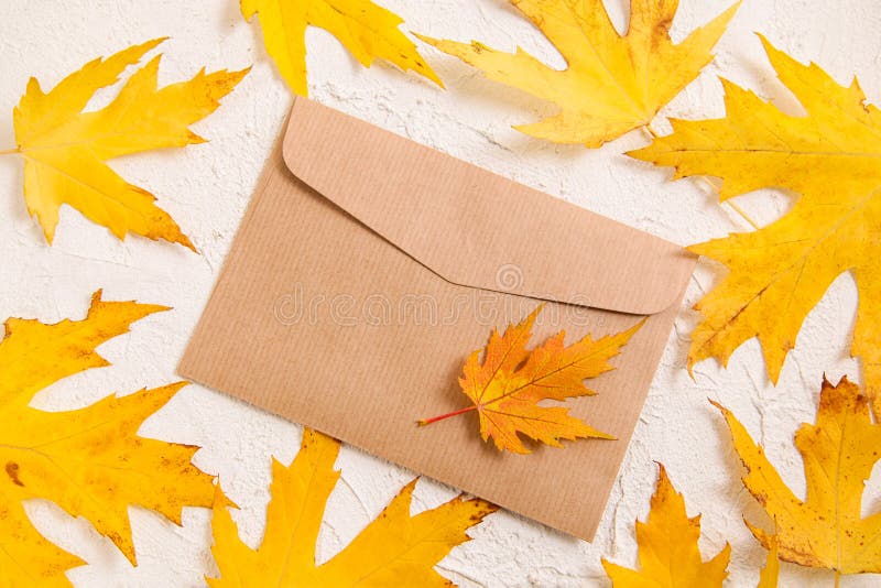 Empty Brown Craft Envelope, Autumn Leaves on White Background. Copy ...