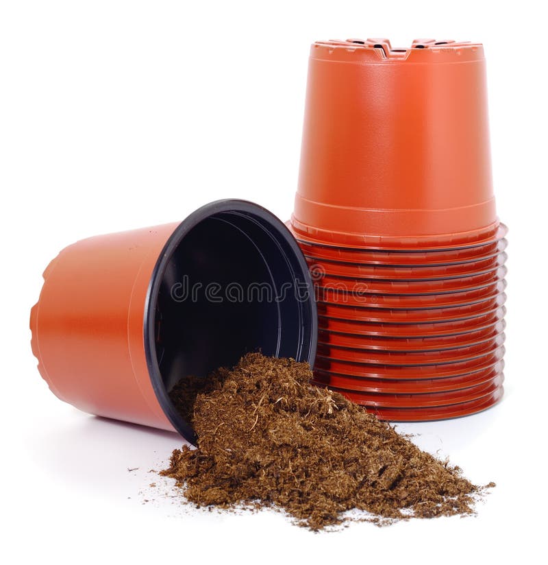 Empty Brown Plastic Plant Pots and Soil Stock Photo - Image of plastic ...
