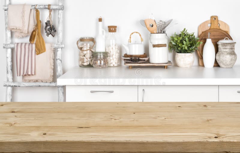 Empty Brown Wooden Table with Blurred Image of Kitchen Interior Stock ... Empty Brown Wooden Table with Blurred Image of Kitchen Interior Stock ...