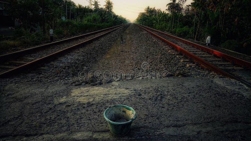 An Empty Bucket between Two Railroad Tracks Located among the Trees ...