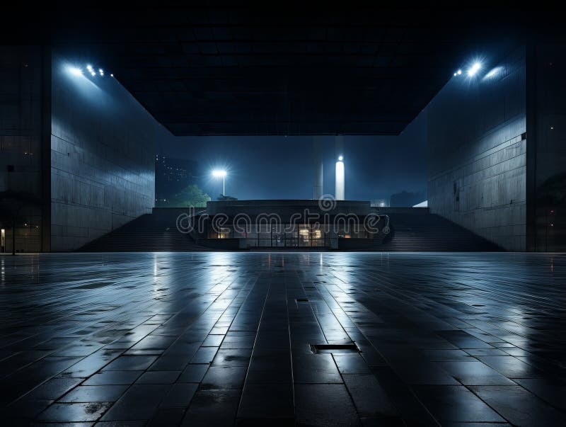 An Empty Building at Night with Lights Shining on it Stock Illustration ...