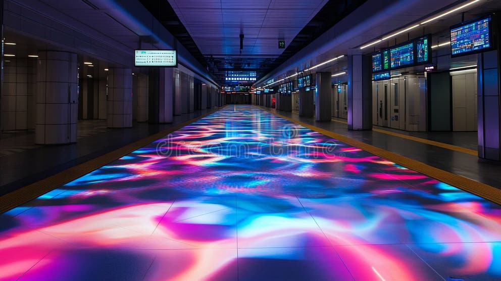Empty Bullet Train Platform Glowing with Interactive Floor Patterns ...