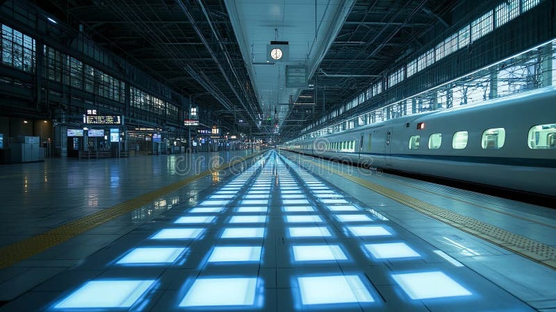 Empty Bullet Train Platform Glowing with Interactive Floor Patterns ...
