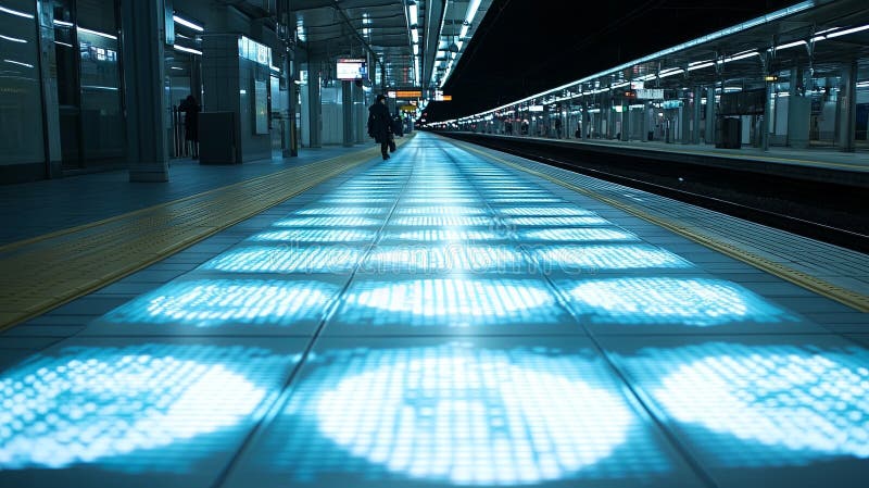 Empty Bullet Train Platform Glowing with Interactive Floor Patterns ...