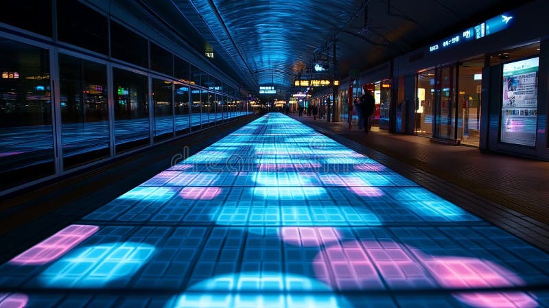 Empty Bullet Train Platform Glowing with Interactive Floor Patterns ...