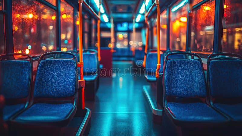 Empty Bus Interior at Night, Rain on Windows, City Lights Blurred Stock ...