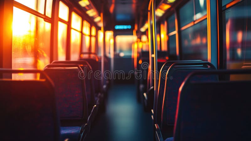 Empty Bus Interior with Rows of Seats and Warm Lighting Stock Image ...