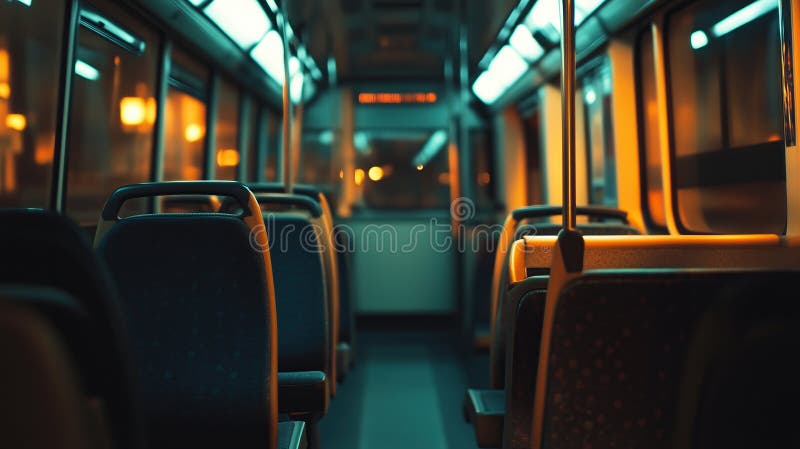 Empty Bus Interior with Rows of Seats and Warm Lighting Stock Image ...