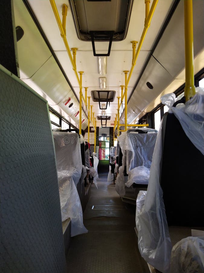 Empty Bus during Pandemic Inside View with Plastic Bags on Seats Stock ...