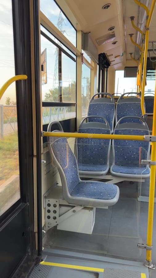Empty Bus Runs Along the Country Road. View from Inside the Bus Stock ...