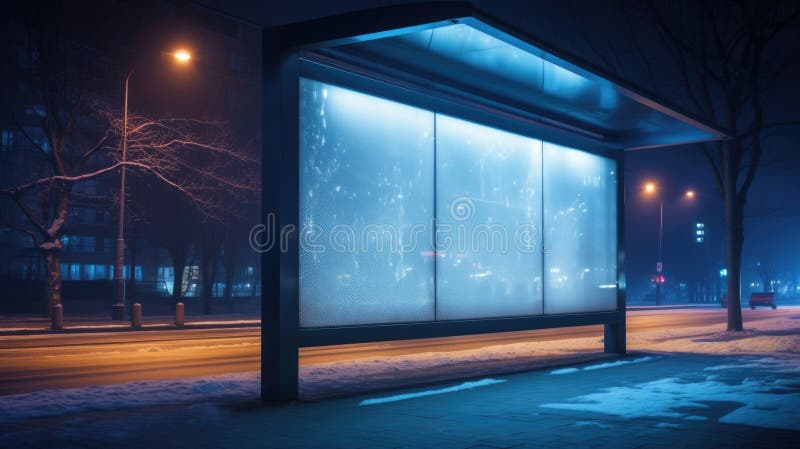 Empty Bus Stop Advertisement Mockup at Night with Urban Backdrop Stock ...