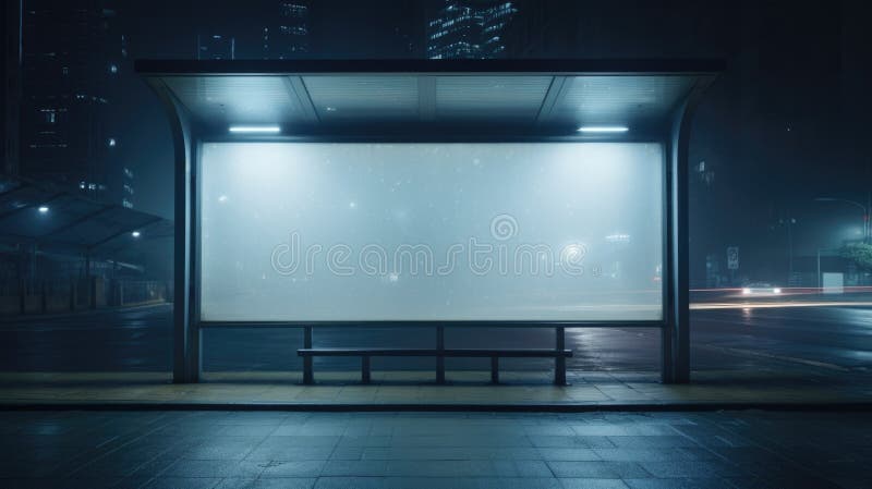 Empty Bus Stop Advertisement Mockup at Night with Urban Backdrop Stock ...