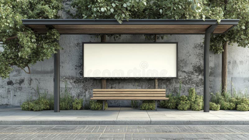 Empty Bus Stop Advertisement Mockup with Wooden Bench in Urban Park ...