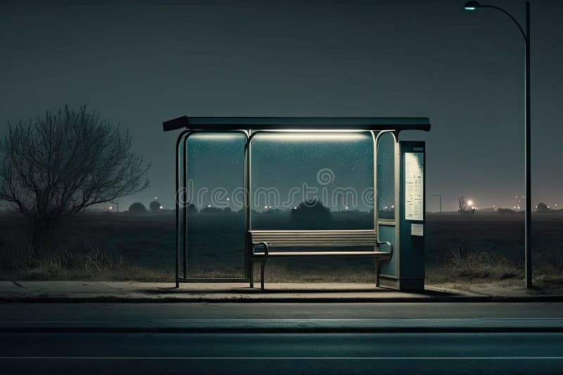 Empty Bus Stop, with Broken Bench and Flickering Street Lights, at ...