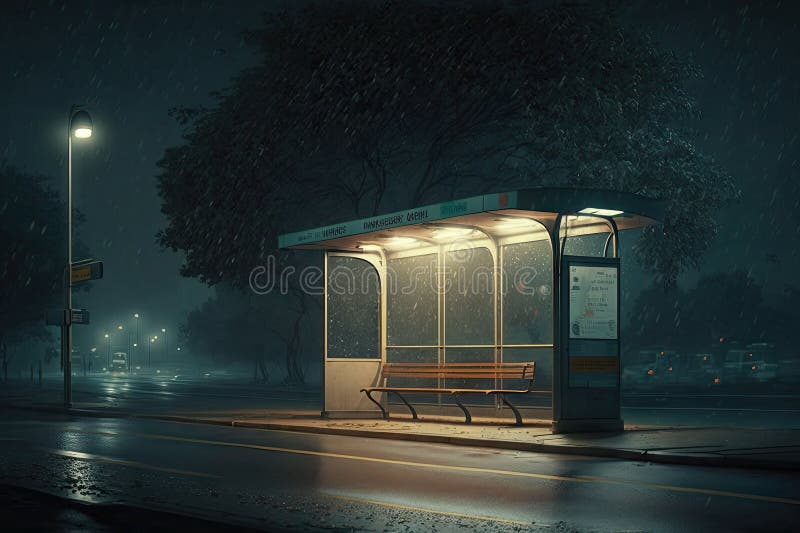 Empty Bus Stop, with Broken Bench and Flickering Street Lights, at ...