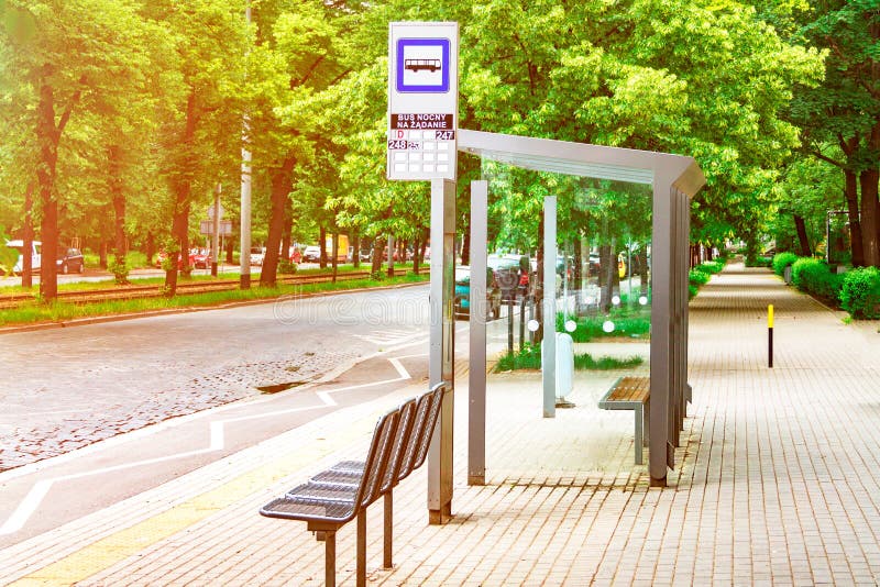 An Empty Bus Stop in the Center of the City is Lit by the Sun, a Stop ...