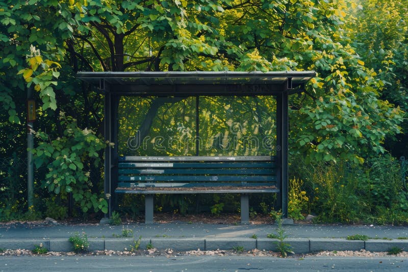 Empty Bus Stop Encircled by Lush Green Trees Stock Illustration ...