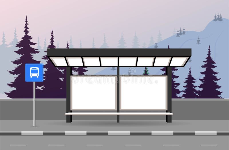 Empty Bus Stop in the Evening Against the Backdrop of the Forest. Stock ...
