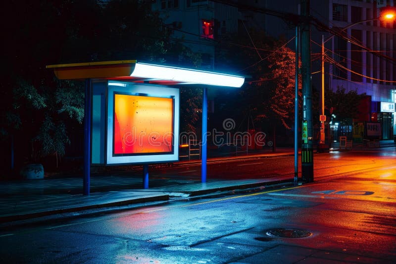 Empty Bus Stop Illuminated at Night with Orange and Blue Lights Stock ...