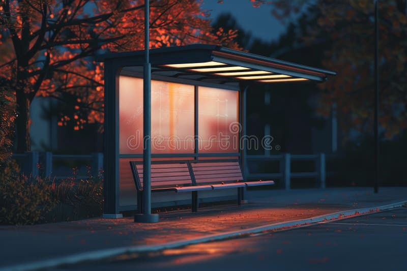 Empty Bus Stop Illuminating the Night with Warm Light Stock ...