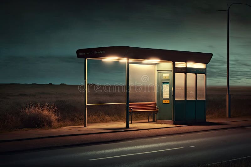 An Empty Bus Stop, with the Lights on and the Doors Open, at Night ...