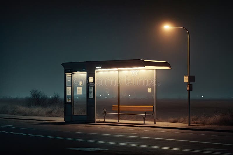 An Empty Bus Stop, with the Lights on and the Doors Open, at Night ...