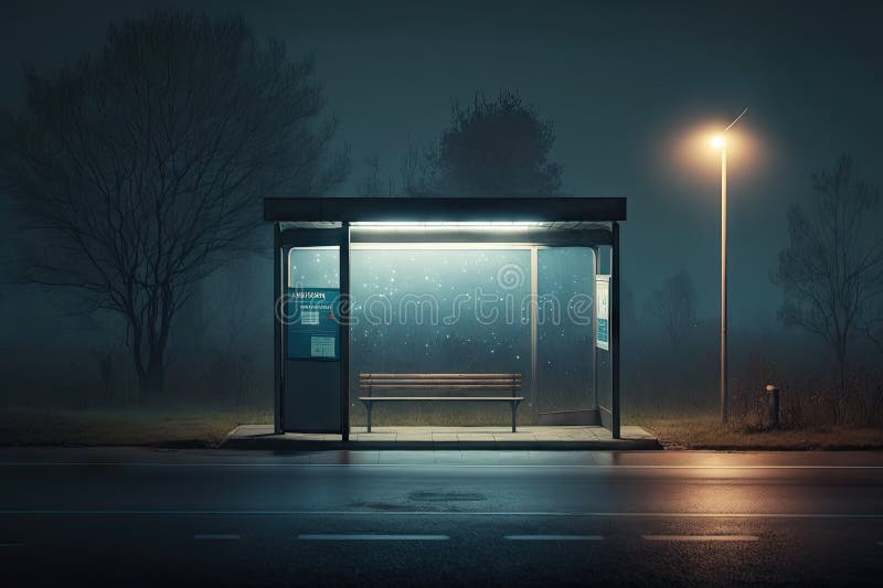 Empty Bus Stop with Dimly-lit Street Lamp and Blurred City Lights in ...