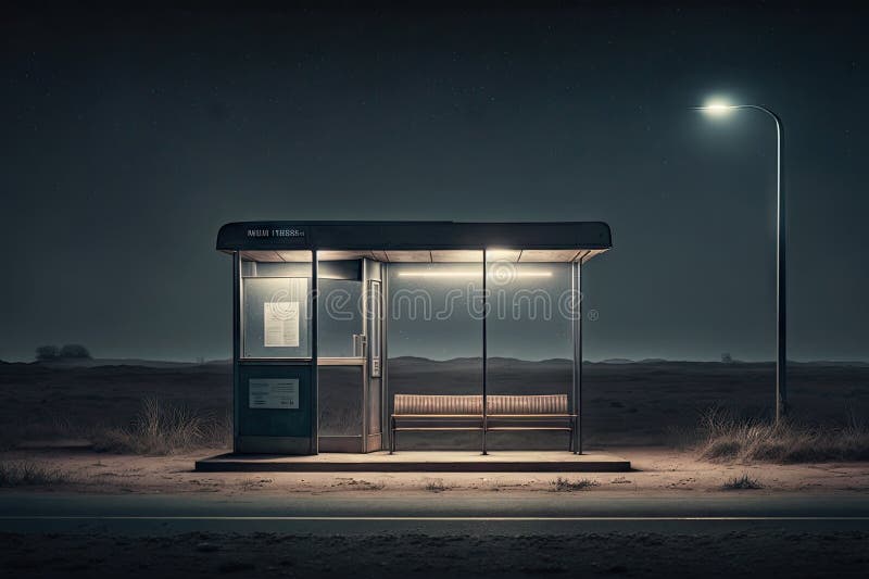 An Empty Bus Stop, with the Lights on and the Doors Open, at Night ...
