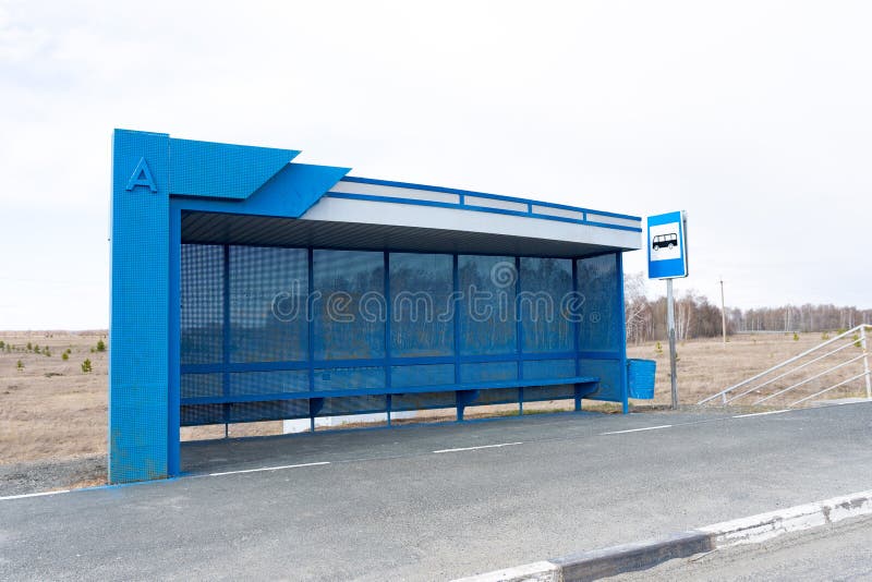 Empty Bus Stop. Modern Steel Roadside Bus Stop with Seat Stock Image ...