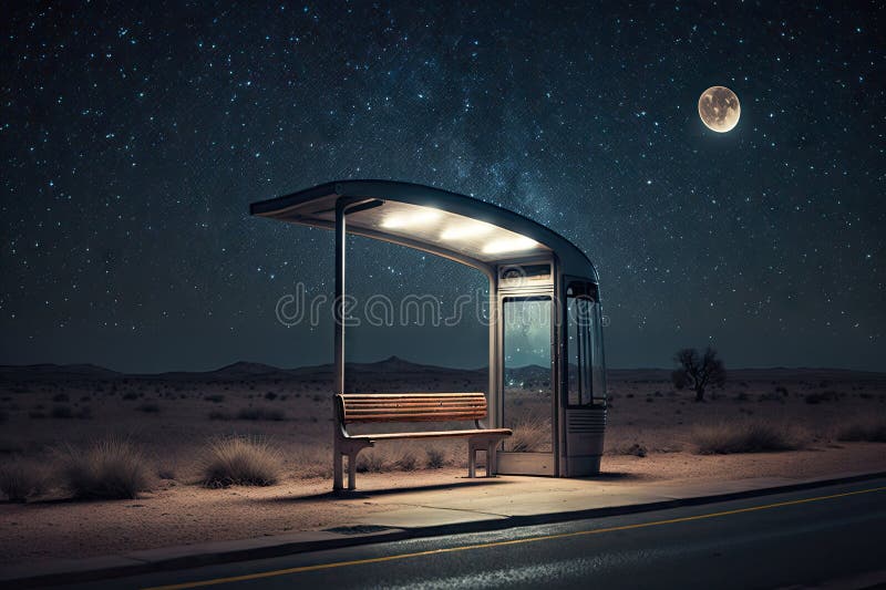 Empty Bus Stop at Night, with View of the Moon and Stars in the Sky ...