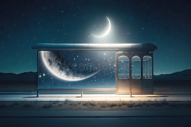 Empty Bus Stop at Night, with View of the Moon and Stars in the Sky ...