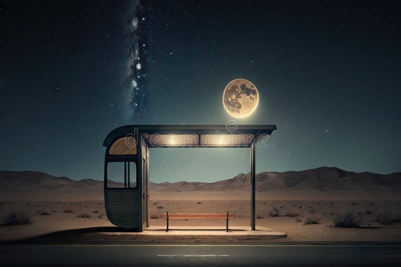 Empty Bus Stop with the Moon and Stars Shining in the Night Sky Stock ...