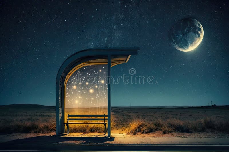 Empty Bus Stop with the Moon and Stars Shining in the Night Sky Stock ...