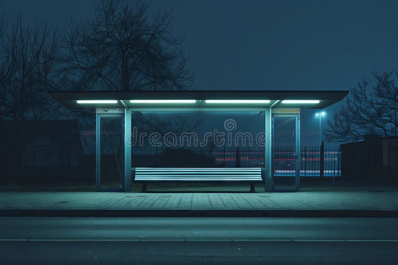 Empty Bus Stop at Night with a Bench Under a Tree in the Darkness Stock ...