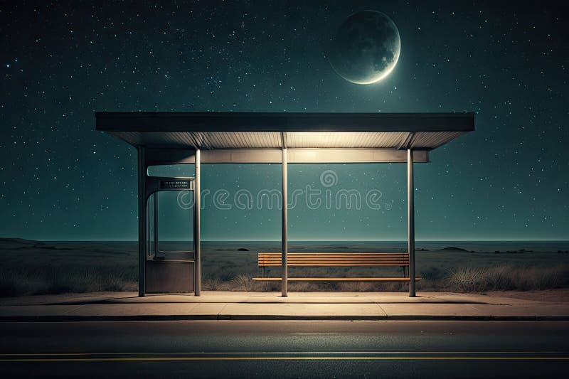 Empty Bus Stop at Night, with the Moon and Stars Shining Above ...