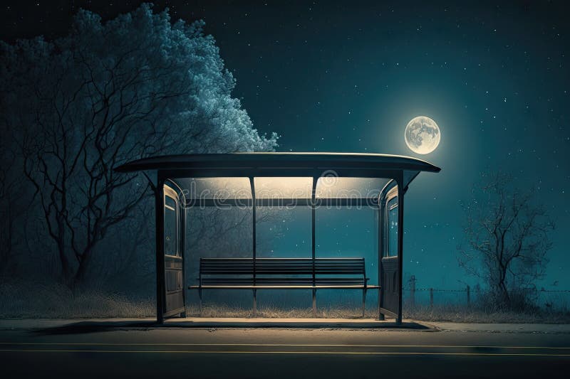 Empty Bus Stop at Night, with the Moon and Stars Shining Above ...